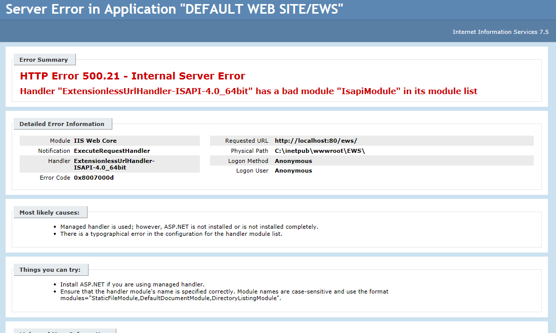 Error 50021 Internal Server Error Server Error In Application Default Website Ews
