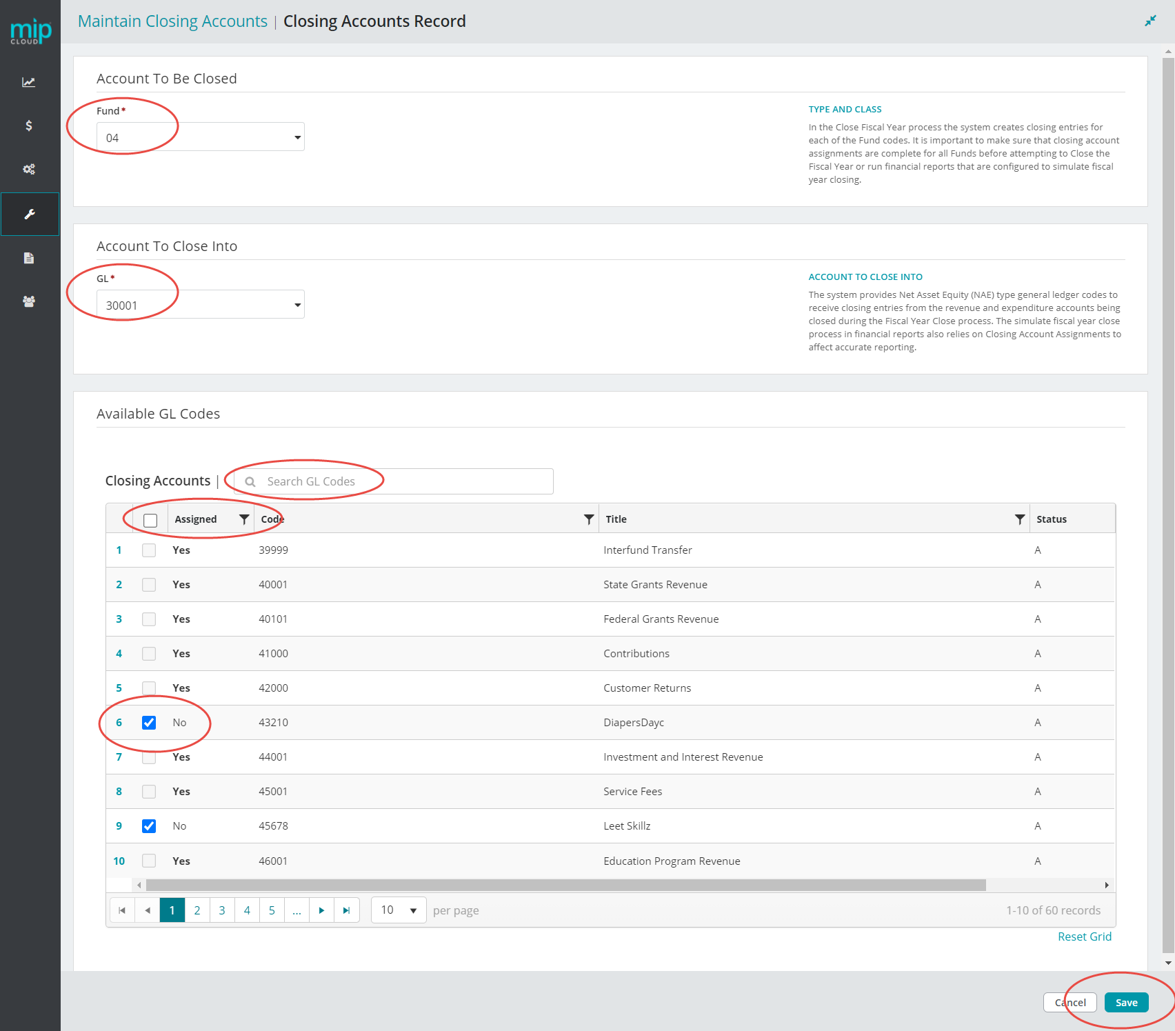 MIP Cloud - Web User Interface - Manage Closing Account Assignments | Knowledgebase Home